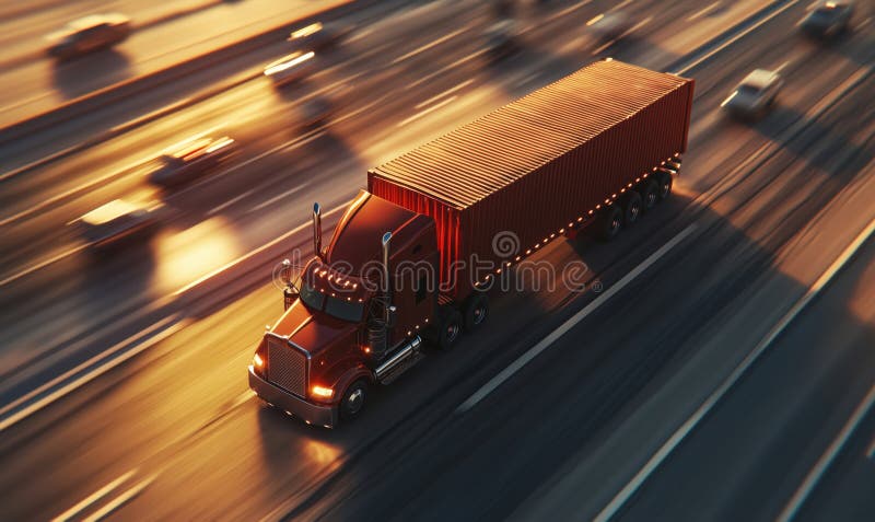 Red Semi-truck Transporting Cargo on Busy Highway during Sunset Stock ...