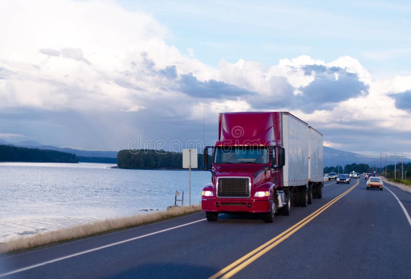 Red Semi Truck and Two Trailers on Evening Road Stock Image - Image of ...