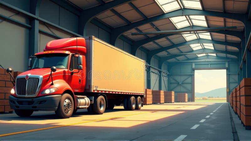 Red Semi Truck in Warehouse Loading Dock Stock Illustration ...