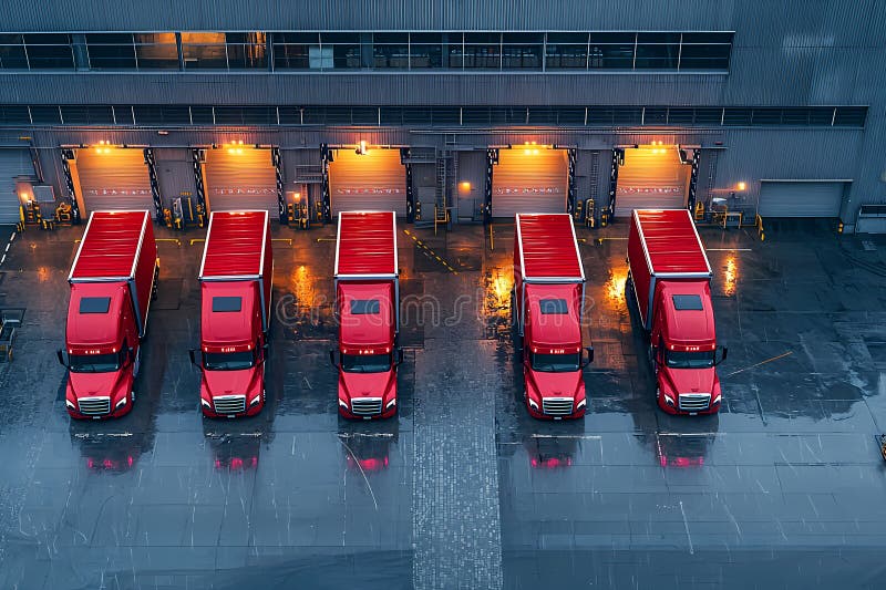 Red Trucks Parked in Front of Loading Docks at Distribution Center ...