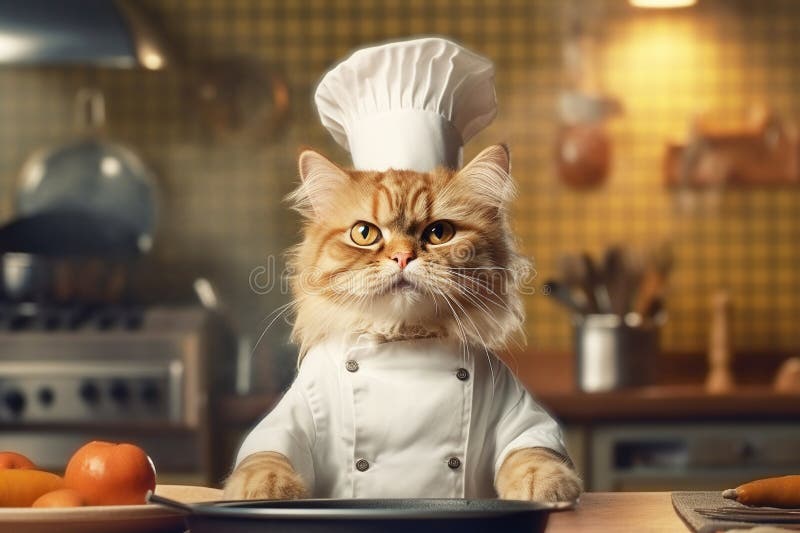 Red Serious Cat in a Chef S Hat and Uniform in the Kitchen. Cat in the ...