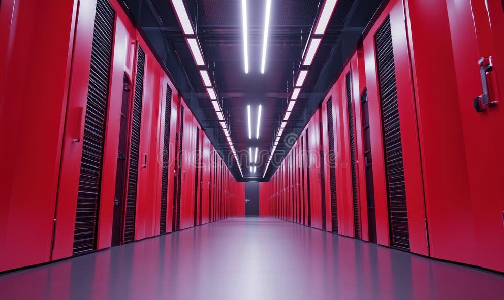 Red Server Room with Illuminated Corridor, Modern Data Storage Units ...