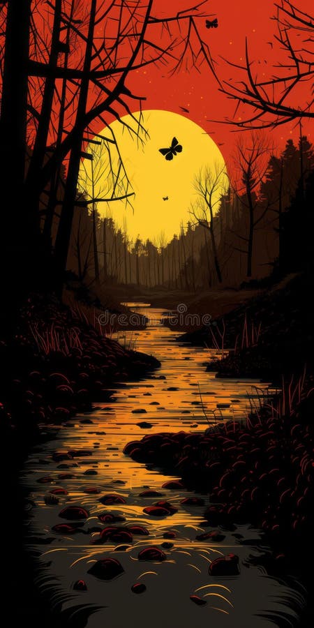 Noir Comic Art: Orange Sky and Stream in Roguecore 2d Game Stock ...