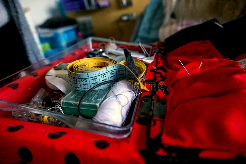 Red Sewing Kit with Sewing Accessory Stock Photo - Image of material ...