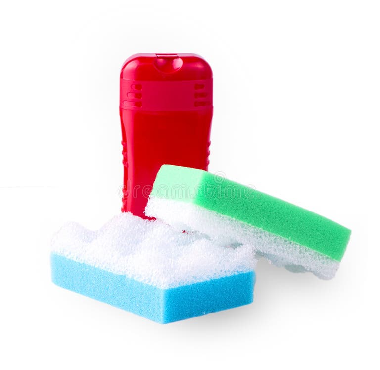 Red Shampoo and Two Colored Sponges for Body on White Stock Photo ...