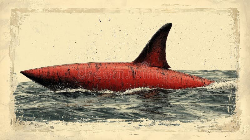 Red Shark Fin Emerging from Ocean Waves Creating Dynamic Splash and ...