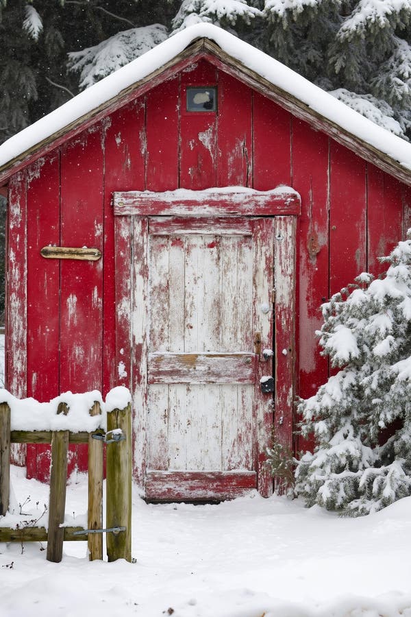 A Red Shed with a White Door in the Snow Stock Photo - Image of ...