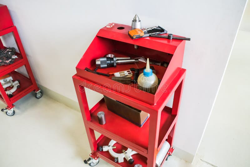 Red shelf and tool kit stock image. Image of steel, hard - 121411741