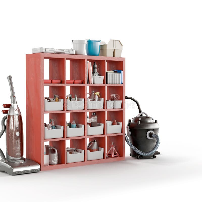 Red Shelving Unit with Different Household Supplies and a Vacuum ...
