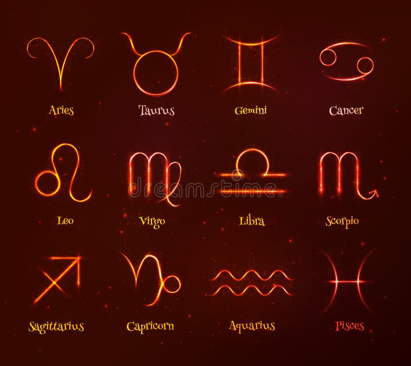 Red Shining Light Cosmic Zodiac Signs Set Stock Vector - Illustration ...