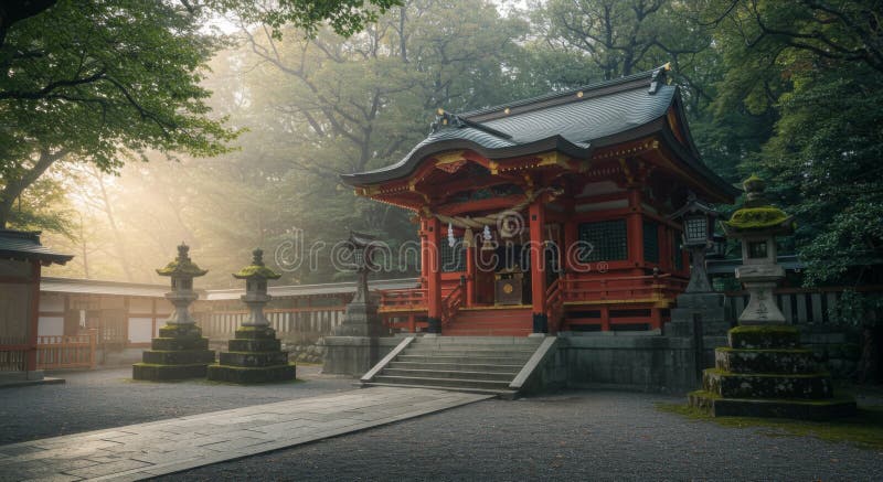 Red Shinto Shrine in Misty Japanese Garden Stock Illustration ...