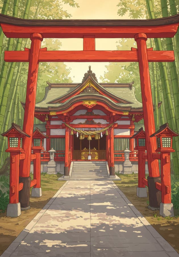 Red Shinto Shrine with Torii Gate and Bamboo Stock Illustration ...