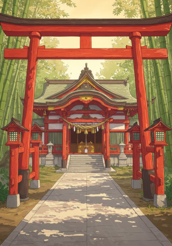 Red Shinto Shrine with Torii Gate and Bamboo Stock Illustration ...
