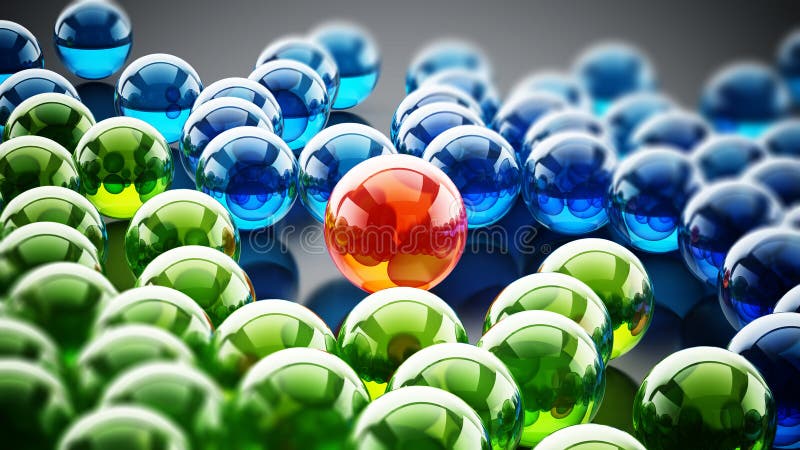 Red Shiny Sphere Standing Out among Green and Blue Spheres. 3D Illustration Stock Illustration ...