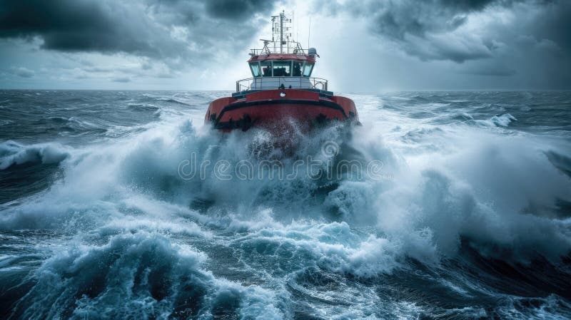 Red Ship Battling Stormy Seas Under Dark Clouds Stock Image - Image of ...