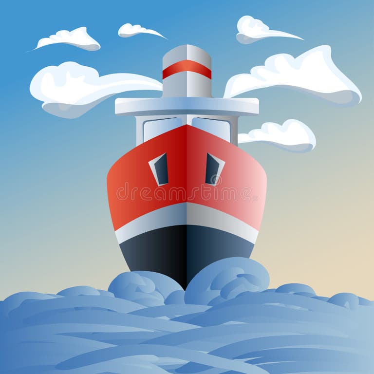 Red Ship in the Sea, Clouds and Waves Stock Vector - Illustration of ...