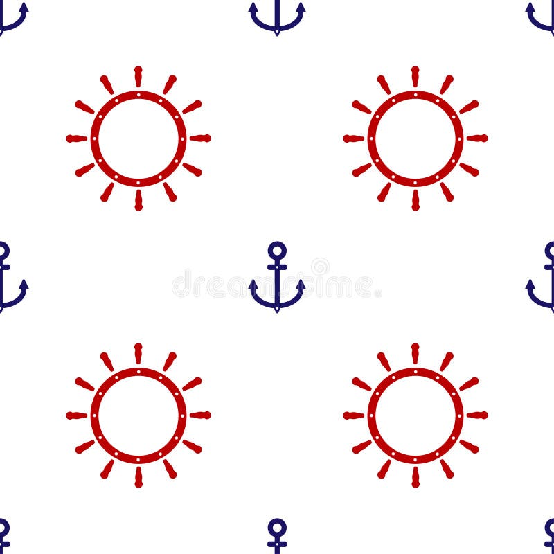 Red Ship Steering Wheel and Blue Anchor Icon Isolated Seamless Pattern ...