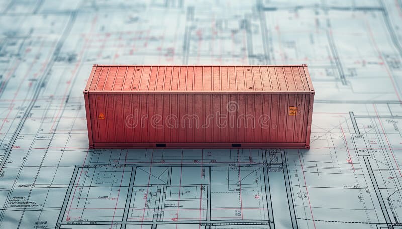 Red Shipping Container on Blueprints Stock Image - Image of delivery ...