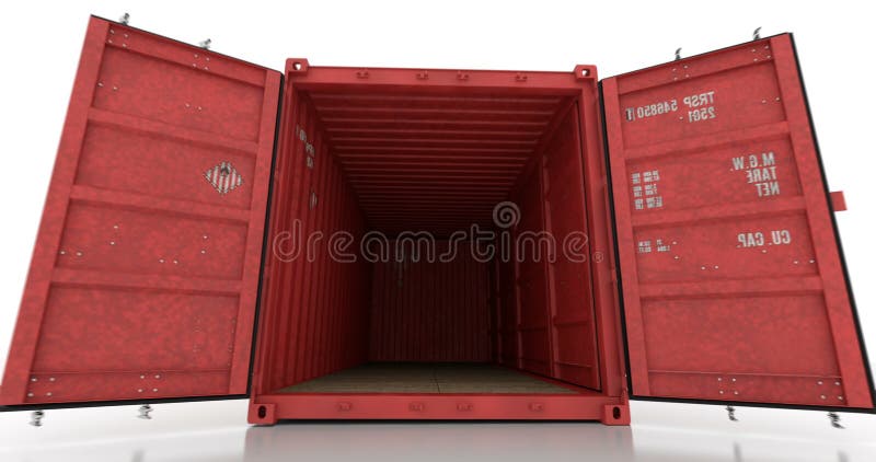 Red Shipping Container Falling on White Floor and Doors Opening Stock ...