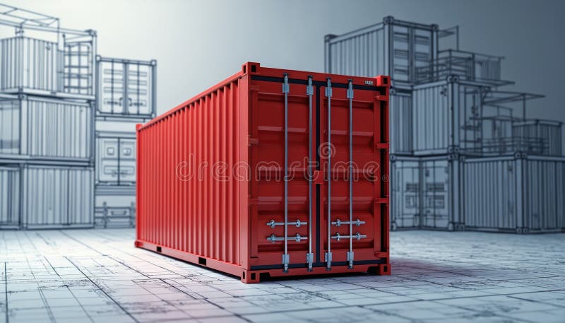 Red Shipping Container Model on Blueprint Background. Illustration ...