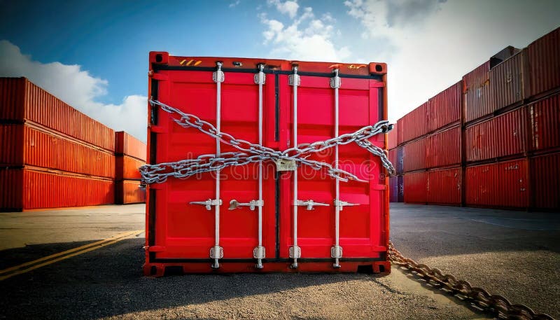 A Red Shipping Container Secured with Heavy Chains in a Storage Yard ...