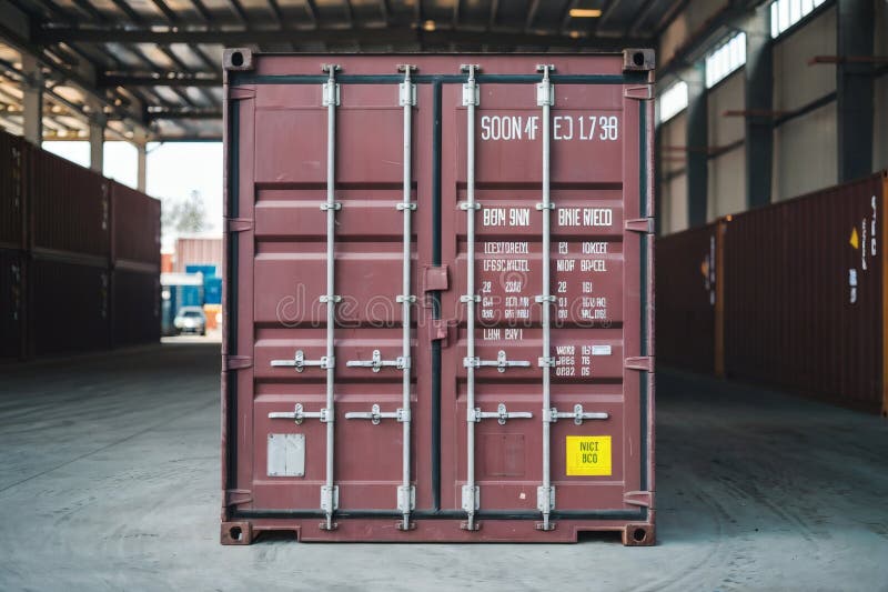 Red Shipping Container Secured in Warehouse with Other Containers Stock ...