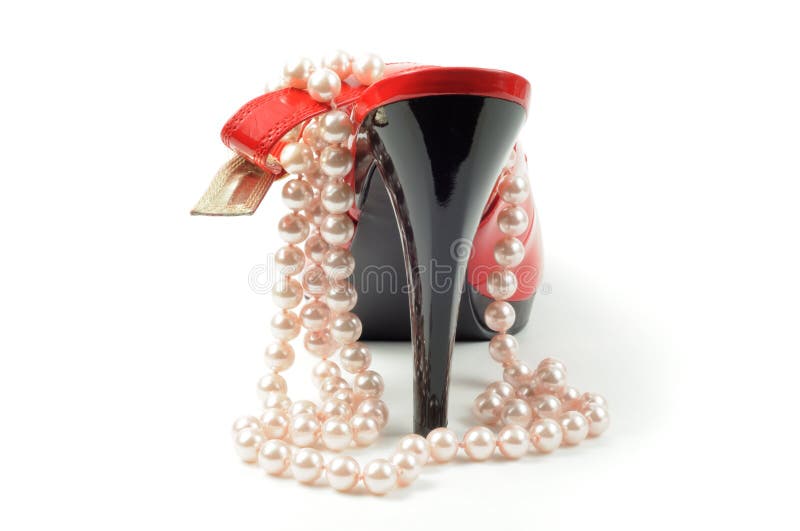 Red shoe and pearl jewelry stock photo. Image of fashion - 15614012