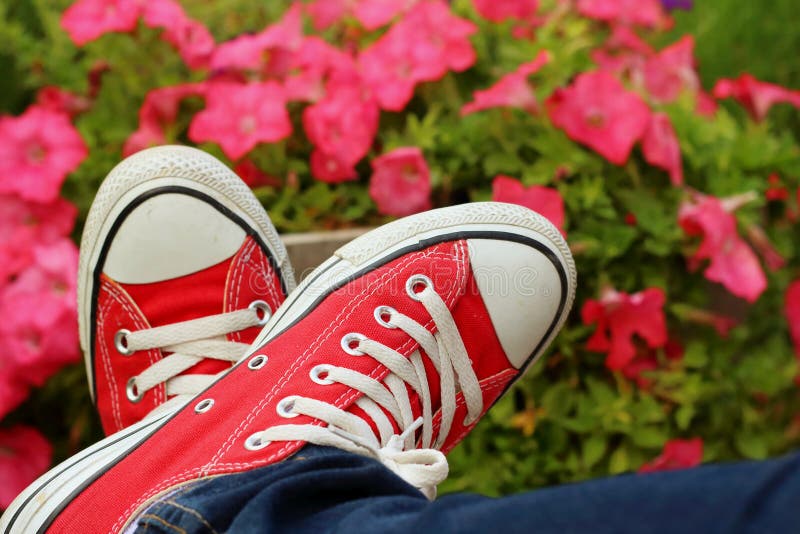 Red Shoes with a Background of Flowers. Stock Photo - Image of ...