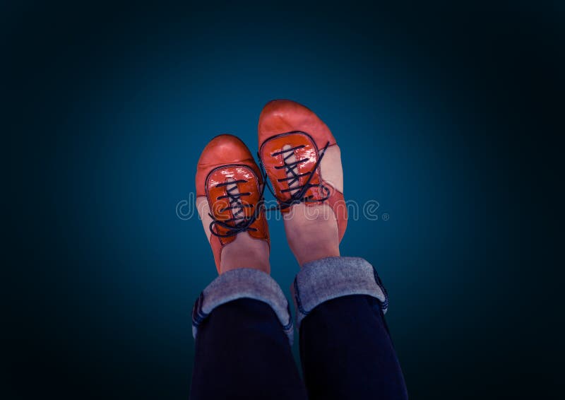 Red Shoes on Feet with Blue Background Stock Photo - Image of ...