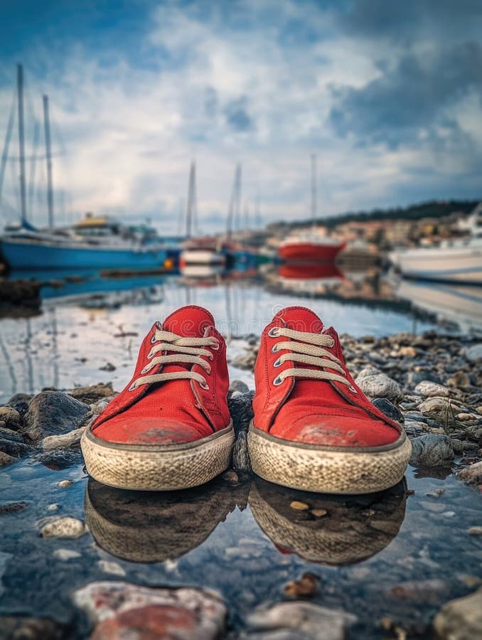 Red Shoes Puddle Water stock photo. Image of forgotten - 373054042
