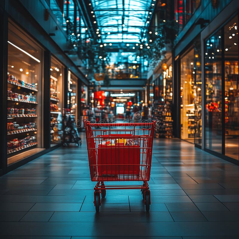 A Red Shopping Cart is in a Large, Empty Shopping Mall Stock ...