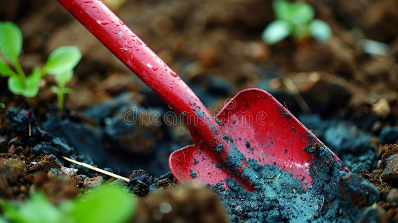 Red Shovel Digs into the Soil Stock Photo - Image of shovel, outdoor ...