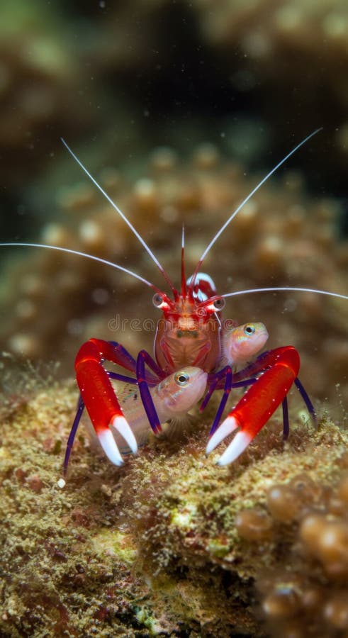 Red Shrimp with Tiny Fish on Coral Reef Stock Illustration ...