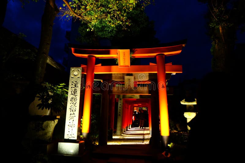 Red Shrine Gate in Night View Stock Image - Image of lighting, yellow ...