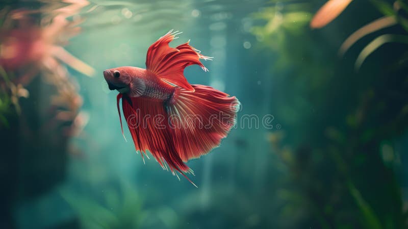 Red Siamese Fighting Fish in a Freshwater Aquarium Stock Photo - Image ...