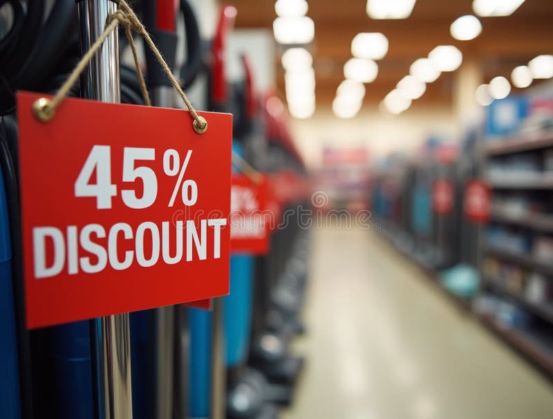 A Red Sign Advertising a 45 Discount in a Retail Environment. Stock ...