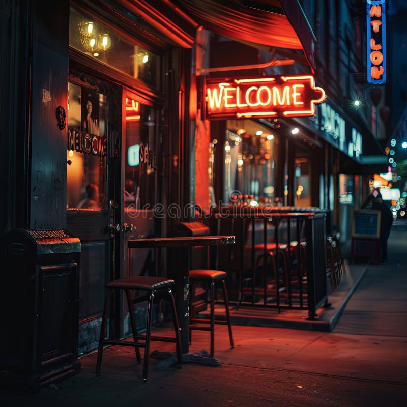 A Red Sign Welcome Glowing in a Night Alley Stock Photo - Image of ...