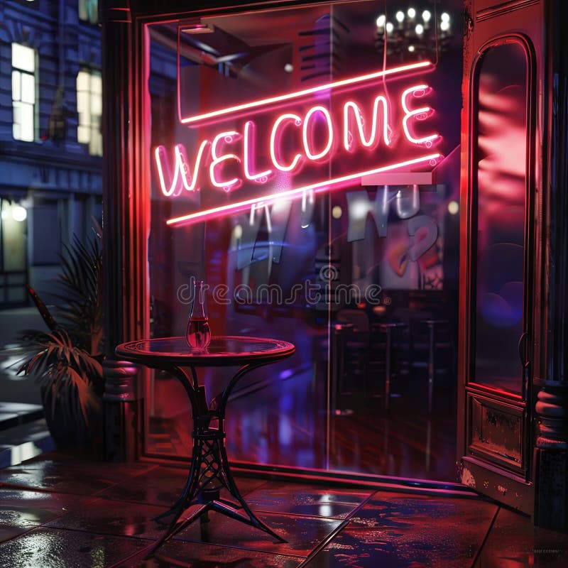 A Red Sign Welcome Glowing in a Night Alley Stock Image - Image of lure ...