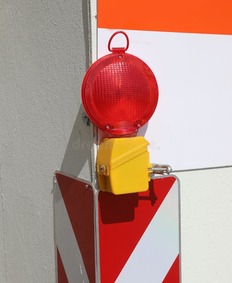 Red Signal Lamp in the Corner of the Road Construction Site Stock Image ...