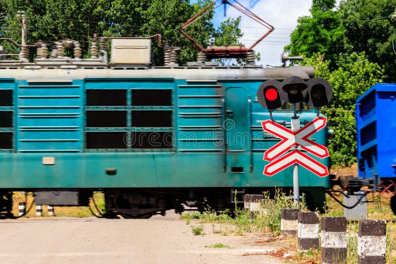 Railroad Crossing Sign with Blinking Red Lights of Semaphore Stock Photo - Image of caution ...