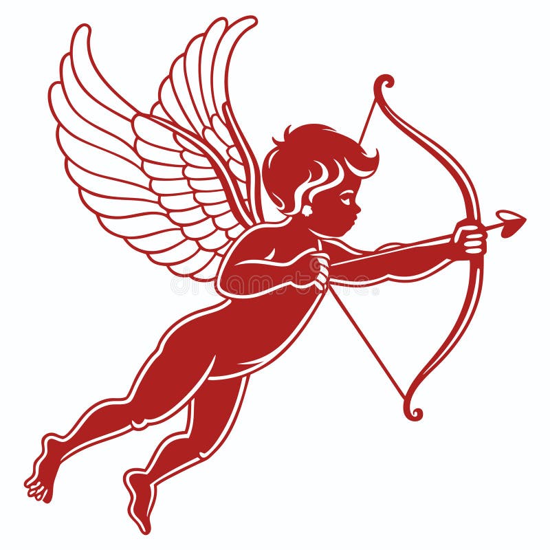 A Red Silhouette of a Cherubic Figure with Wings Holds a Bow and Arrow ...