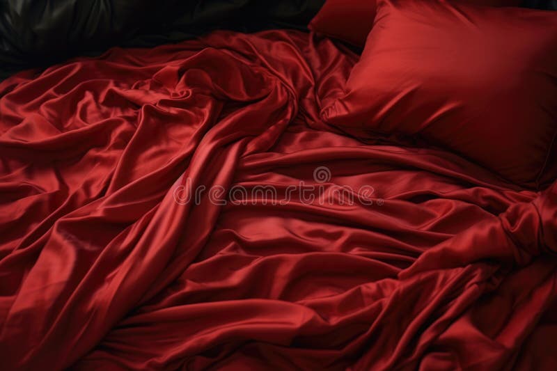 Red Silk Crumpled Bed with Pillows and a Blanket on the Bed Stock ...