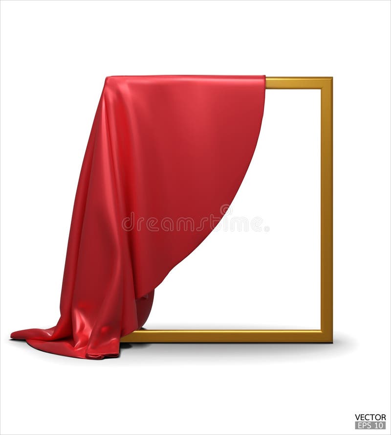Red Silk Fabric Unveiling a Golden Empty Frame Isolated on White ...