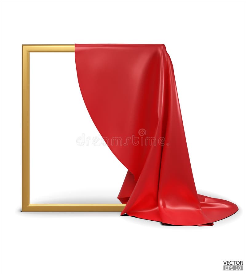 Red Silk Fabric Unveiling a Golden Empty Frame Isolated on White ...