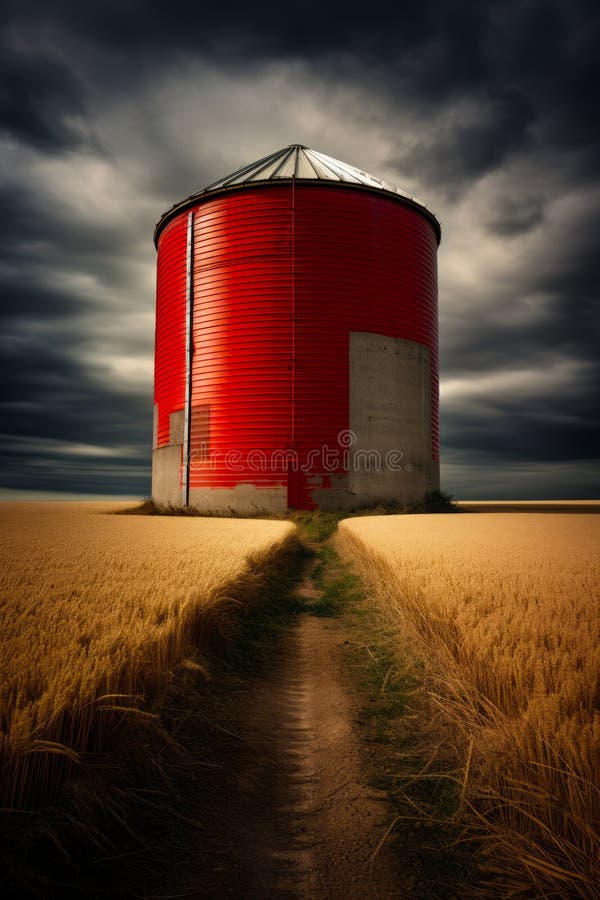 Red Silo in Field of Wheat Under Cloudy Sky. Generative AI Stock ...