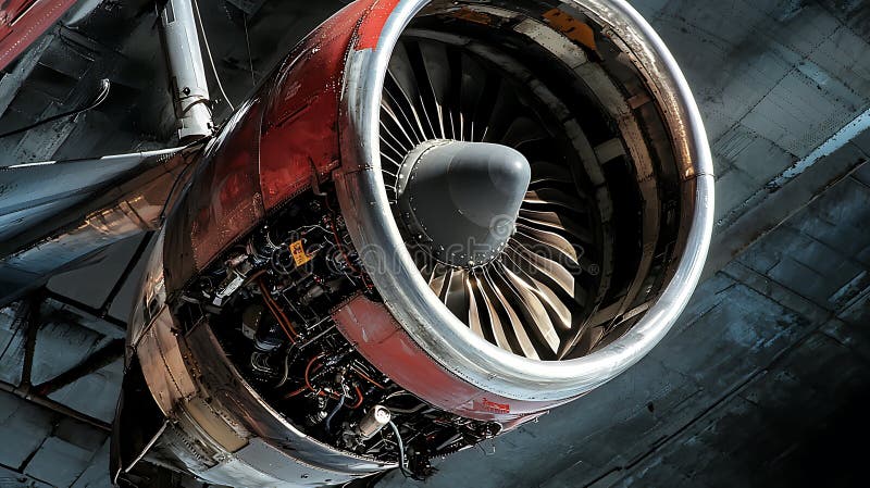 A Red and Silver Airplane Engine is Shown in a Hangar Stock ...
