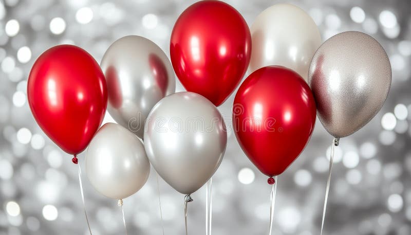 Red and Silver Balloons on a Silver and White Blurred Background with ...