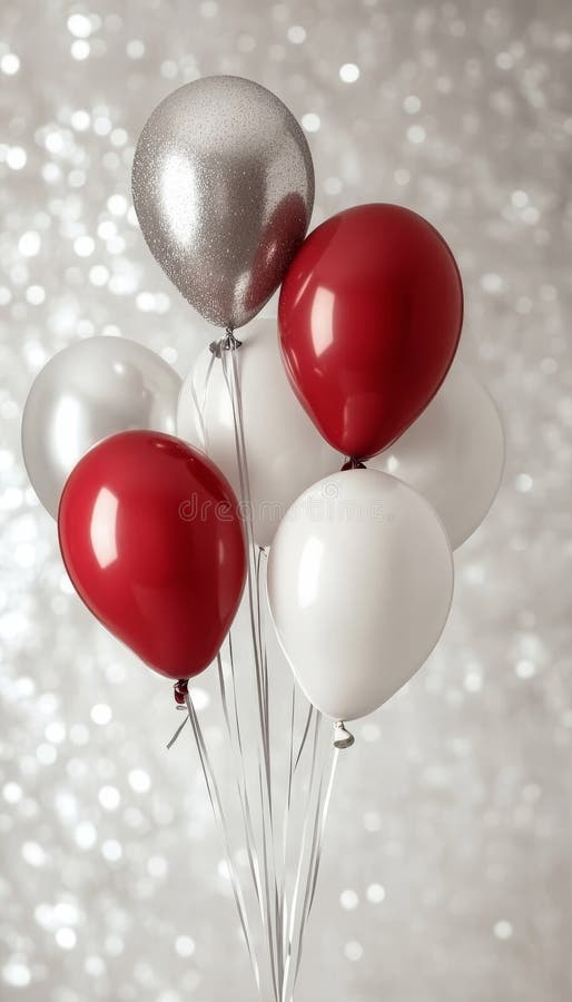 Red and Silver Balloons on a Silver and White Blurred Sparkling ...