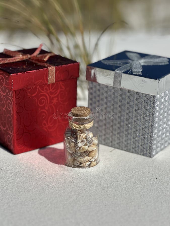 Red and Silver Christmas Boxes with Seashells Stock Image - Image of ...