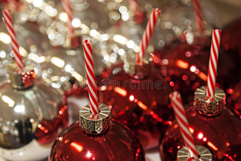 Red and Silver Colored Christmas Balls with Candy Canes Stock Photo ...